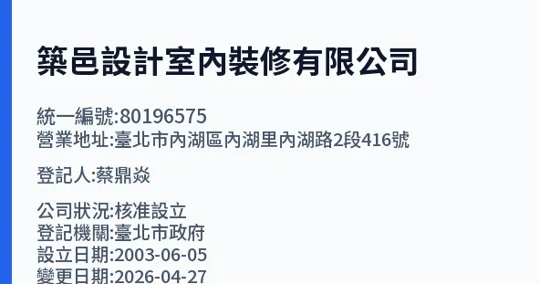築邑設計室內裝修有限公司的照片-統編 80196575(臺北市) 公司登記資料與營業項目詳細圖表
