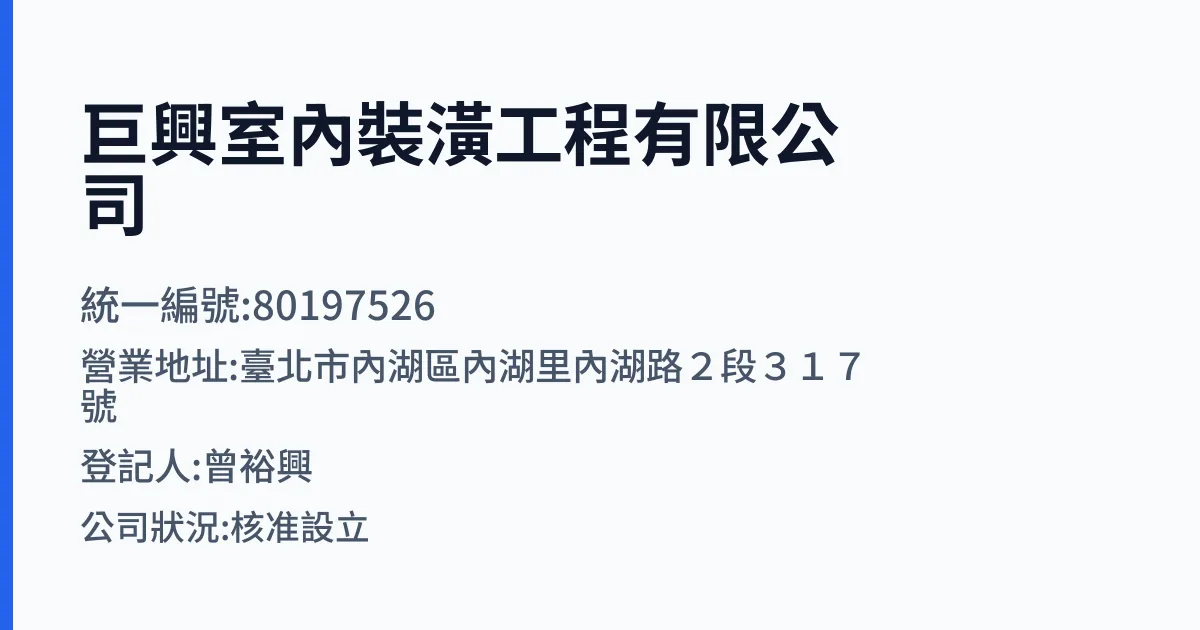 巨興室內裝潢工程有限公司 - 統編 80197526(臺北市) 公司登記資料與營業項目詳細圖表