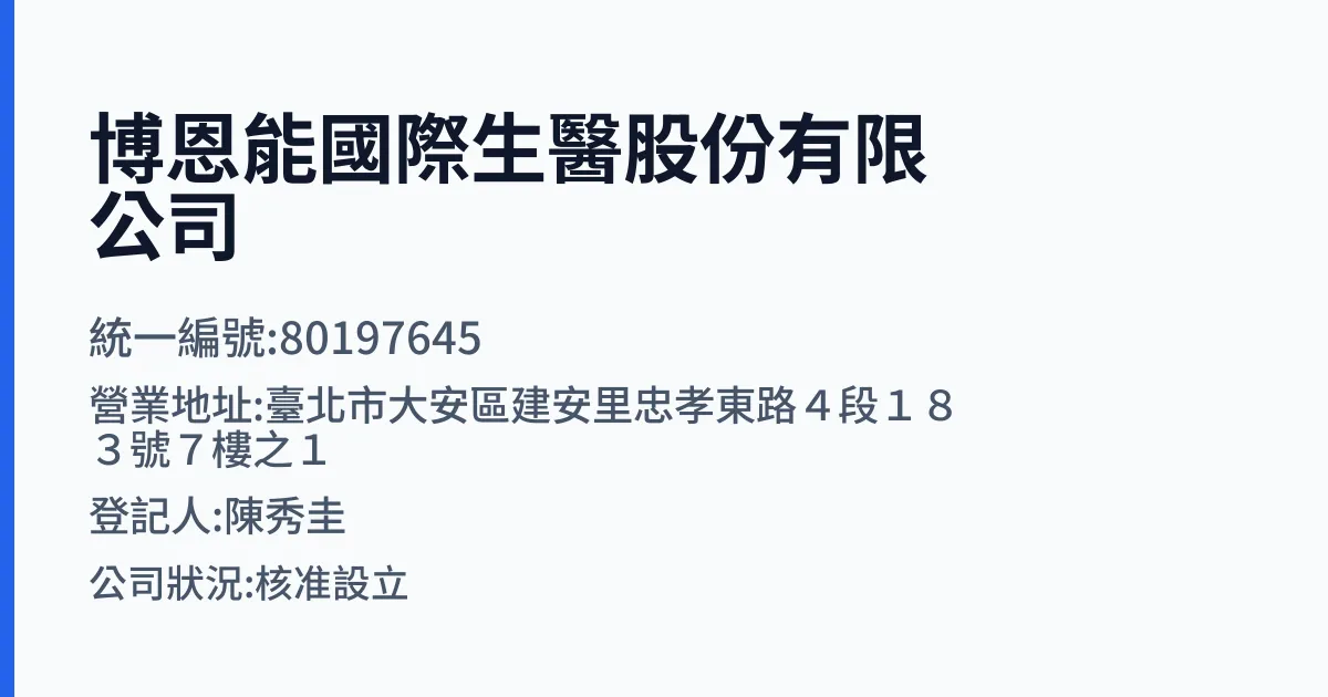 博恩能國際生醫股份有限公司 - 統編 80197645(臺北市) 公司登記資料與營業項目詳細圖表