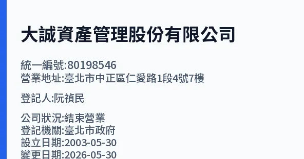 大誠資產管理股份有限公司的照片-統編 80198546(臺北市) 公司登記資料與營業項目詳細圖表