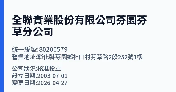 全聯實業股份有限公司芬園芬草分公司的照片-統編 80200579(彰化縣) 公司登記資料與營業項目詳細圖表