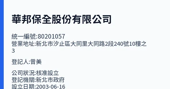 華邦保全股份有限公司的照片-統編 80201057(新北市) 公司登記資料與營業項目詳細圖表
