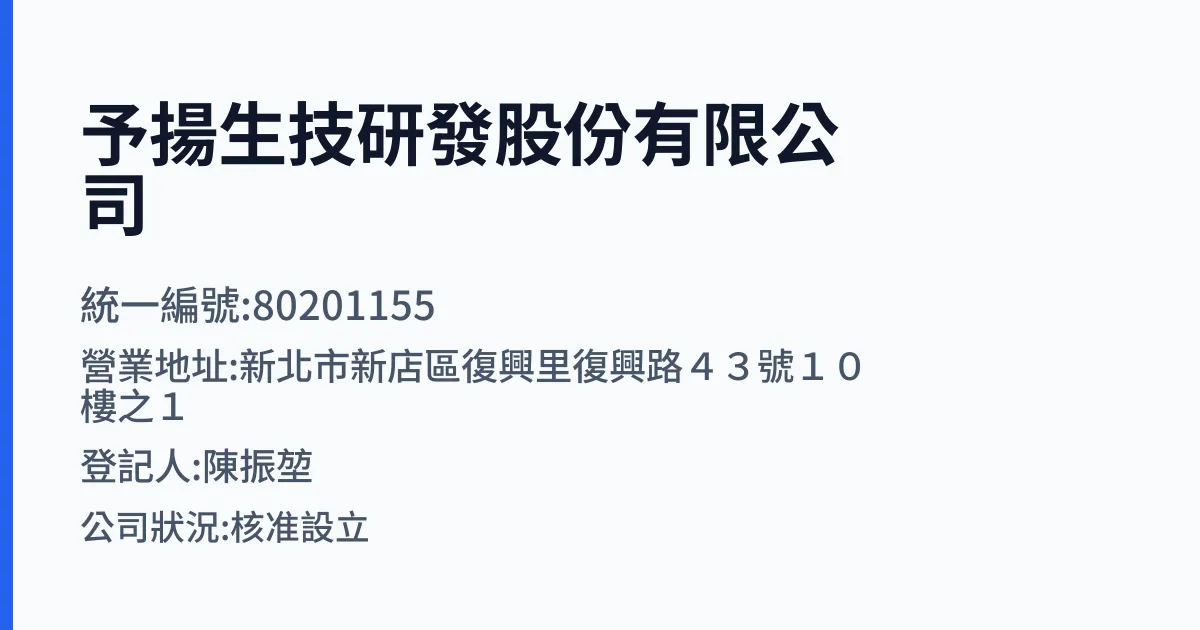 予揚生技研發股份有限公司 - 統編 80201155(新北市) 公司登記資料與營業項目詳細圖表