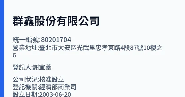 群鑫股份有限公司的照片-統編 80201704(臺北市) 公司登記資料與營業項目詳細圖表