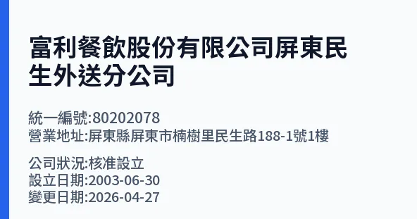 富利餐飲股份有限公司屏東民生外送分公司的照片-統編 80202078(屏東縣) 公司登記資料與營業項目詳細圖表
