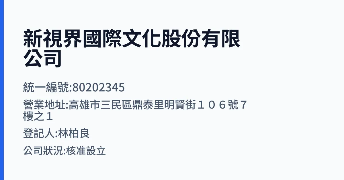 新視界國際文化股份有限公司 - 統編 80202345(高雄市) 公司登記資料與營業項目詳細圖表