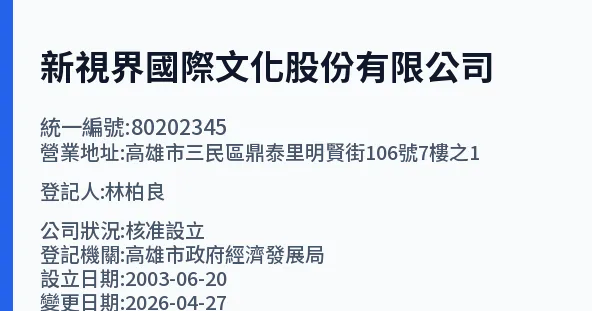 新視界國際文化股份有限公司的照片-統編 80202345(高雄市) 公司登記資料與營業項目詳細圖表