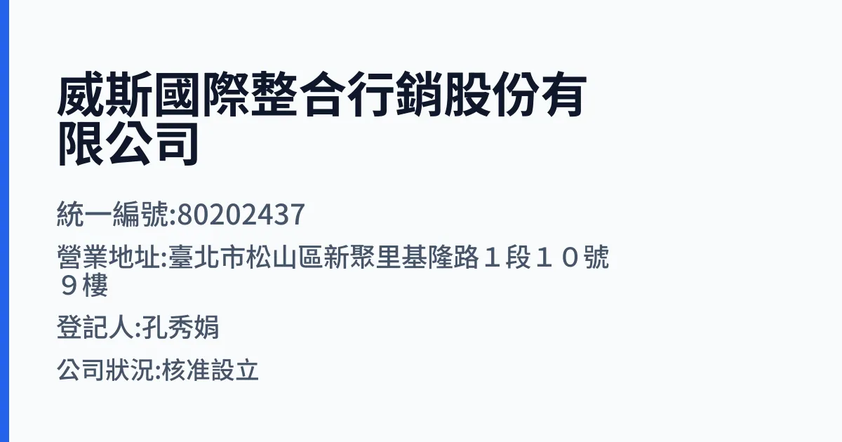威斯國際整合行銷股份有限公司 - 統編 80202437(臺北市) 公司登記資料與營業項目詳細圖表