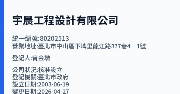 宇晨工程設計有限公司的照片-統編 80202513(臺北市) 公司登記資料與營業項目詳細圖表