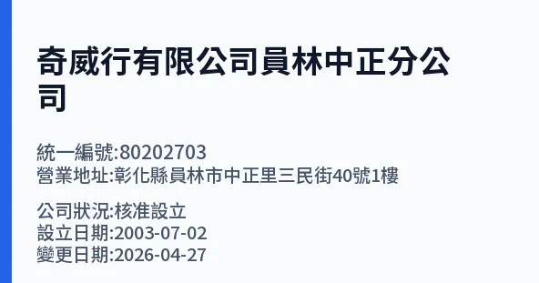 奇威行有限公司員林中正分公司的照片-統編 80202703(彰化縣) 公司登記資料與營業項目詳細圖表