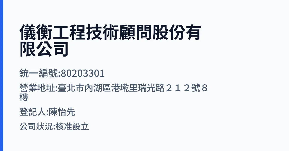 儀衡工程技術顧問股份有限公司 - 統編 80203301(臺北市) 公司登記資料與營業項目詳細圖表