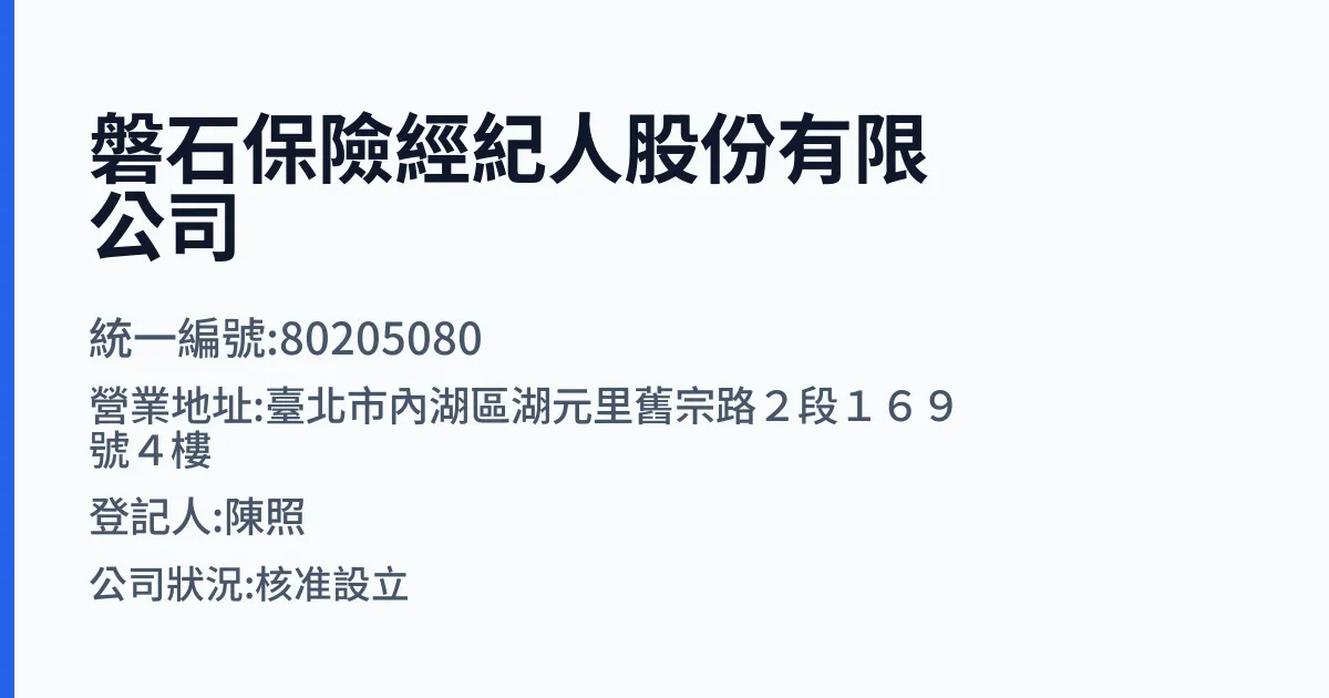 磐石保險經紀人股份有限公司 - 統編 80205080(臺北市) 公司登記資料與營業項目詳細圖表