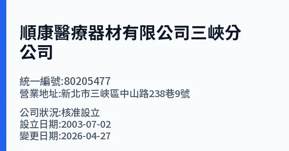 順康醫療器材有限公司三峽分公司的照片-統編 80205477(新北市) 公司登記資料與營業項目詳細圖表
