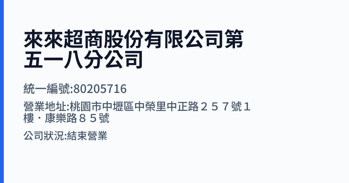 來來超商股份有限公司第五一八分公司 - 統編 80205716(桃園市) 公司登記資料與營業項目詳細圖表