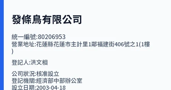 發條鳥有限公司的照片-統編 80206953(花蓮縣) 公司登記資料與營業項目詳細圖表