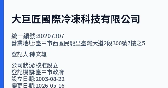 大巨匠國際冷凍科技有限公司的照片-統編 80207307(臺中市) 公司登記資料與營業項目詳細圖表