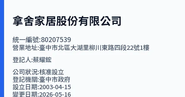 拿舍家居股份有限公司的照片-統編 80207539(臺中市) 公司登記資料與營業項目詳細圖表