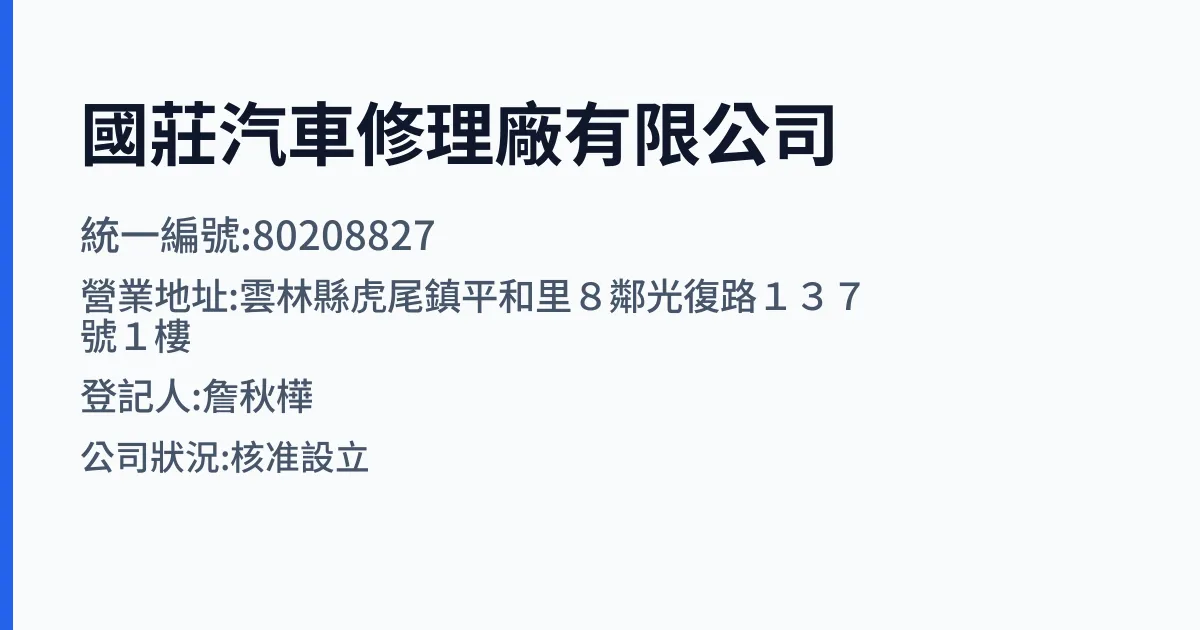 國莊汽車修理廠有限公司 - 統編 80208827(雲林縣) 公司登記資料與營業項目詳細圖表