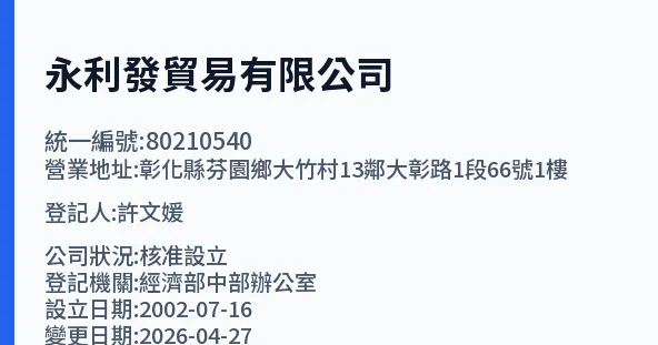 永利發貿易有限公司的照片-統編 80210540(彰化縣) 公司登記資料與營業項目詳細圖表