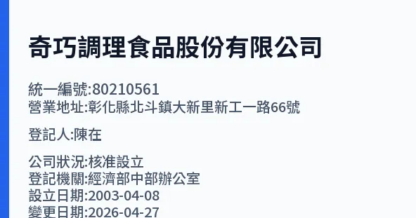 奇巧調理食品股份有限公司的照片-統編 80210561(彰化縣) 公司登記資料與營業項目詳細圖表