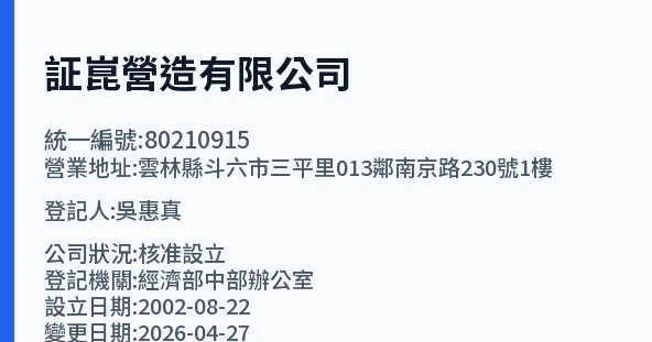 証崑營造有限公司的照片-統編 80210915(雲林縣) 公司登記資料與營業項目詳細圖表
