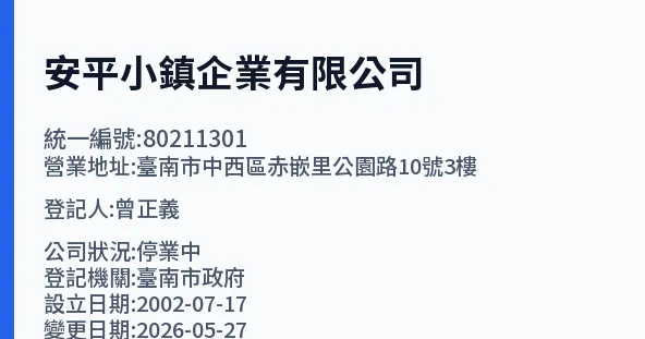 安平小鎮企業有限公司的照片-統編 80211301(臺南市) 公司登記資料與營業項目詳細圖表