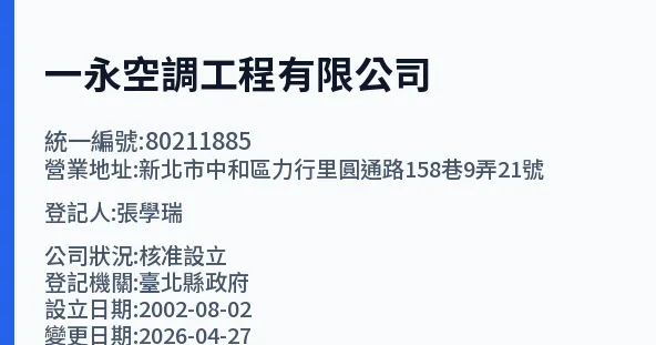 一永空調工程有限公司的照片-統編 80211885(新北市) 公司登記資料與營業項目詳細圖表