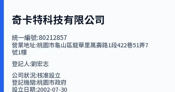 奇卡特科技有限公司的照片-統編 80212857(桃園市) 公司登記資料與營業項目詳細圖表