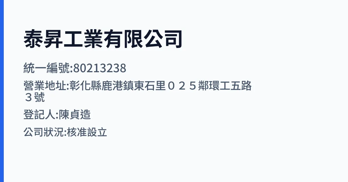 泰昇工業有限公司 - 統編 80213238(彰化縣) 公司登記資料與營業項目詳細圖表