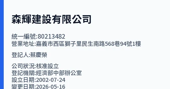 森輝建設有限公司的照片-統編 80213482(嘉義市) 公司登記資料與營業項目詳細圖表