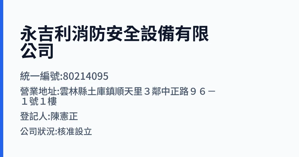 永吉利消防安全設備有限公司 - 統編 80214095(雲林縣) 公司登記資料與營業項目詳細圖表