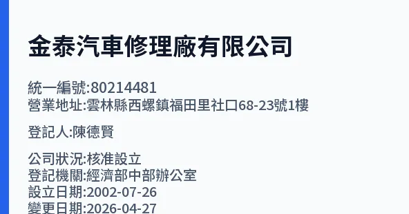 金泰汽車修理廠有限公司的照片-統編 80214481(雲林縣) 公司登記資料與營業項目詳細圖表