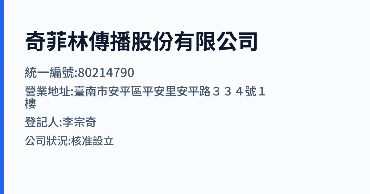 奇菲林傳播股份有限公司 - 統編 80214790(臺南市) 公司登記資料與營業項目詳細圖表