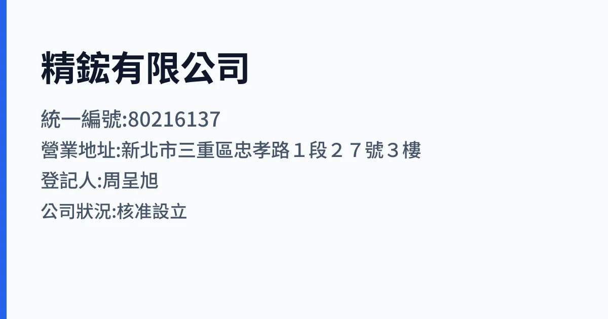 精鋐有限公司 - 統編 80216137(新北市) 公司登記資料與營業項目詳細圖表