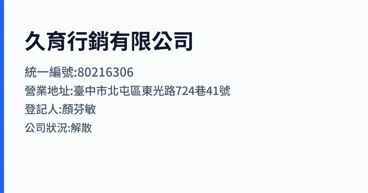 久育行銷有限公司 - 統編 80216306(臺中市) 公司登記資料與營業項目詳細圖表