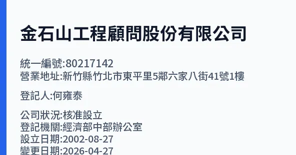 金石山工程顧問股份有限公司的照片-統編 80217142(新竹縣) 公司登記資料與營業項目詳細圖表