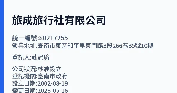 旅成旅行社有限公司的照片-統編 80217255(臺南市) 公司登記資料與營業項目詳細圖表
