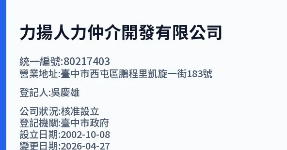力揚人力仲介開發有限公司的照片-統編 80217403(臺中市) 公司登記資料與營業項目詳細圖表