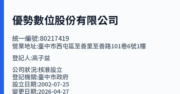優勢數位股份有限公司的照片-統編 80217419(臺中市) 公司登記資料與營業項目詳細圖表