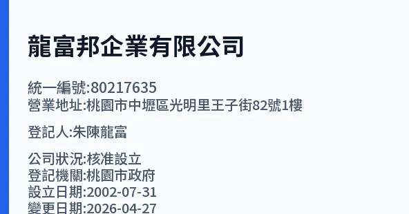 龍富邦企業有限公司的照片-統編 80217635(桃園市) 公司登記資料與營業項目詳細圖表
