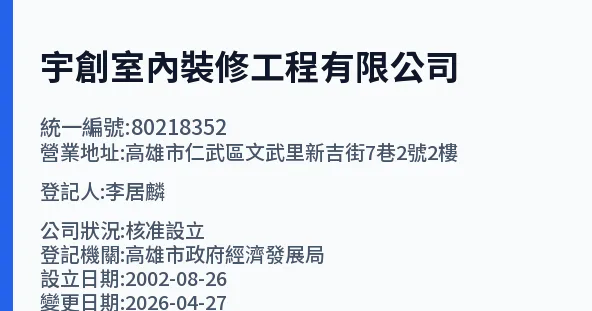 宇創室內裝修工程有限公司的照片-統編 80218352(高雄市) 公司登記資料與營業項目詳細圖表