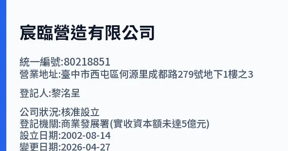 宸臨營造有限公司的照片-統編 80218851(臺中市) 公司登記資料與營業項目詳細圖表