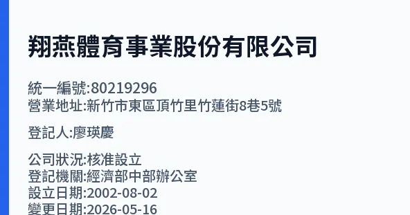 翔燕體育事業股份有限公司的照片-統編 80219296(新竹市) 公司登記資料與營業項目詳細圖表
