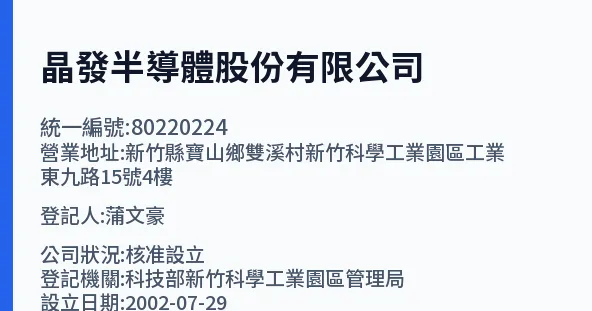 晶發半導體股份有限公司的照片-統編 80220224(新竹縣) 公司登記資料與營業項目詳細圖表