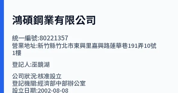 鴻碩鋼業有限公司的照片-統編 80221357(新竹縣) 公司登記資料與營業項目詳細圖表