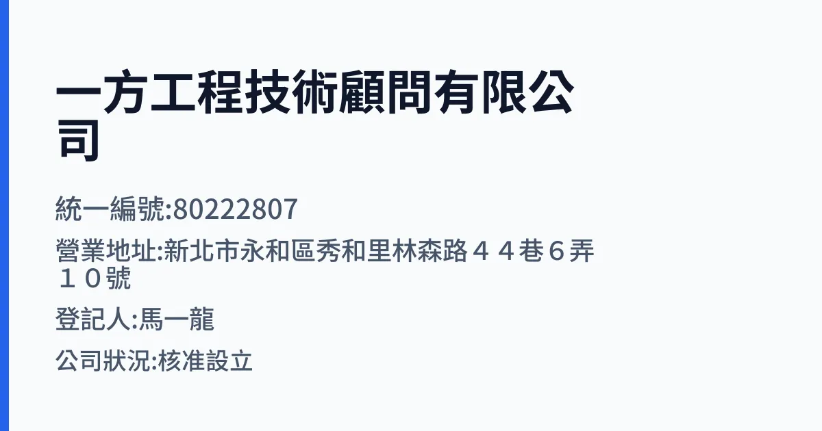 一方工程技術顧問有限公司 - 統編 80222807(新北市) 公司登記資料與營業項目詳細圖表