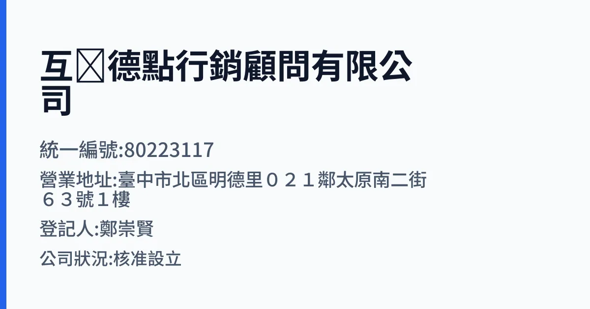 互爲德點行銷顧問有限公司 - 統編 80223117(臺中市) 公司登記資料與營業項目詳細圖表