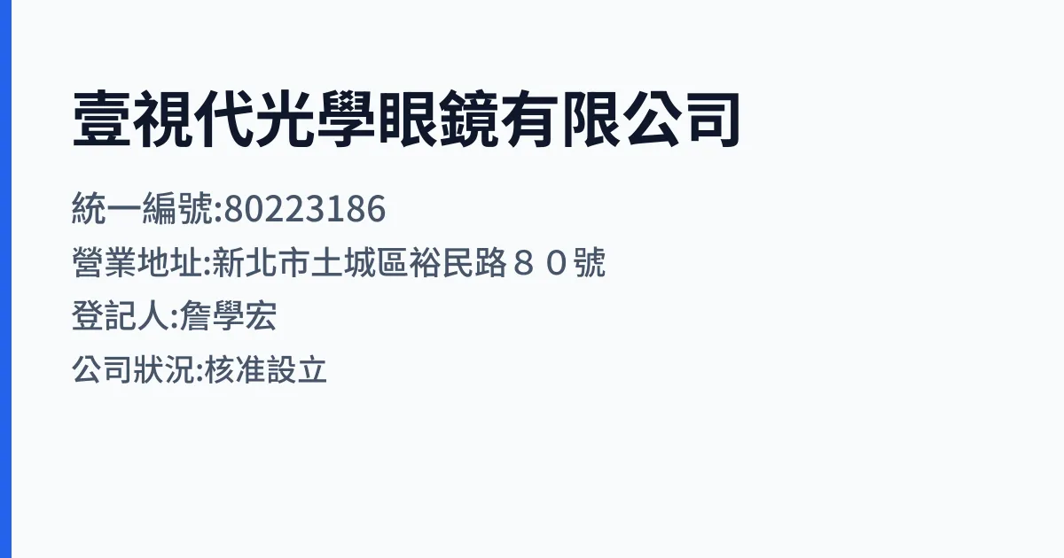 壹視代光學眼鏡有限公司 - 統編 80223186(新北市) 公司登記資料與營業項目詳細圖表