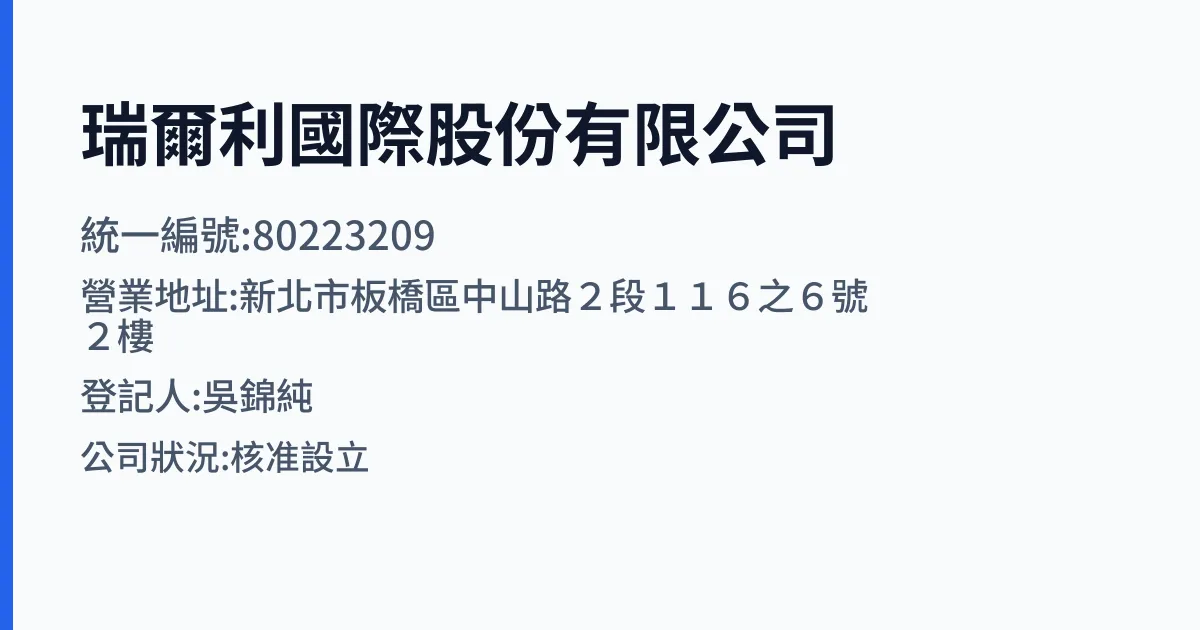 瑞爾利國際股份有限公司 - 統編 80223209(新北市) 公司登記資料與營業項目詳細圖表