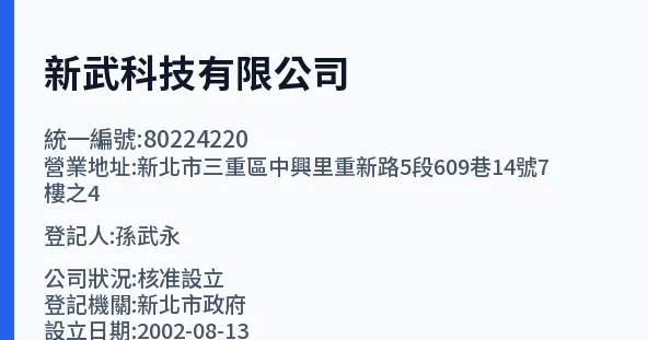 新武科技有限公司的照片-統編 80224220(新北市) 公司登記資料與營業項目詳細圖表